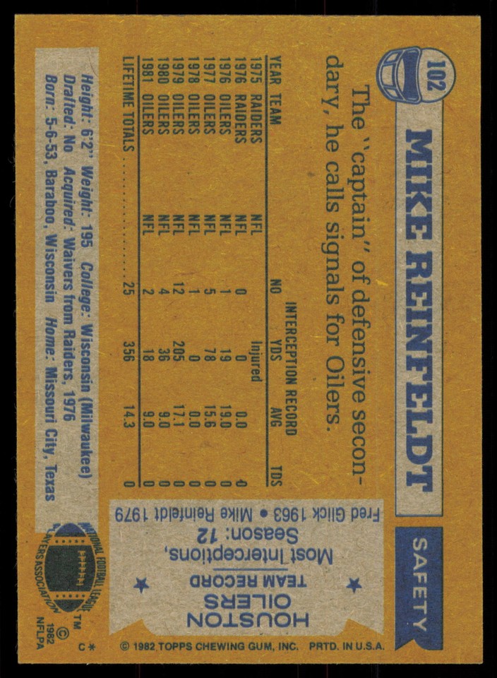 1982 Topps Football #102 Mike Reinfeldt Houston Oilers | eBay