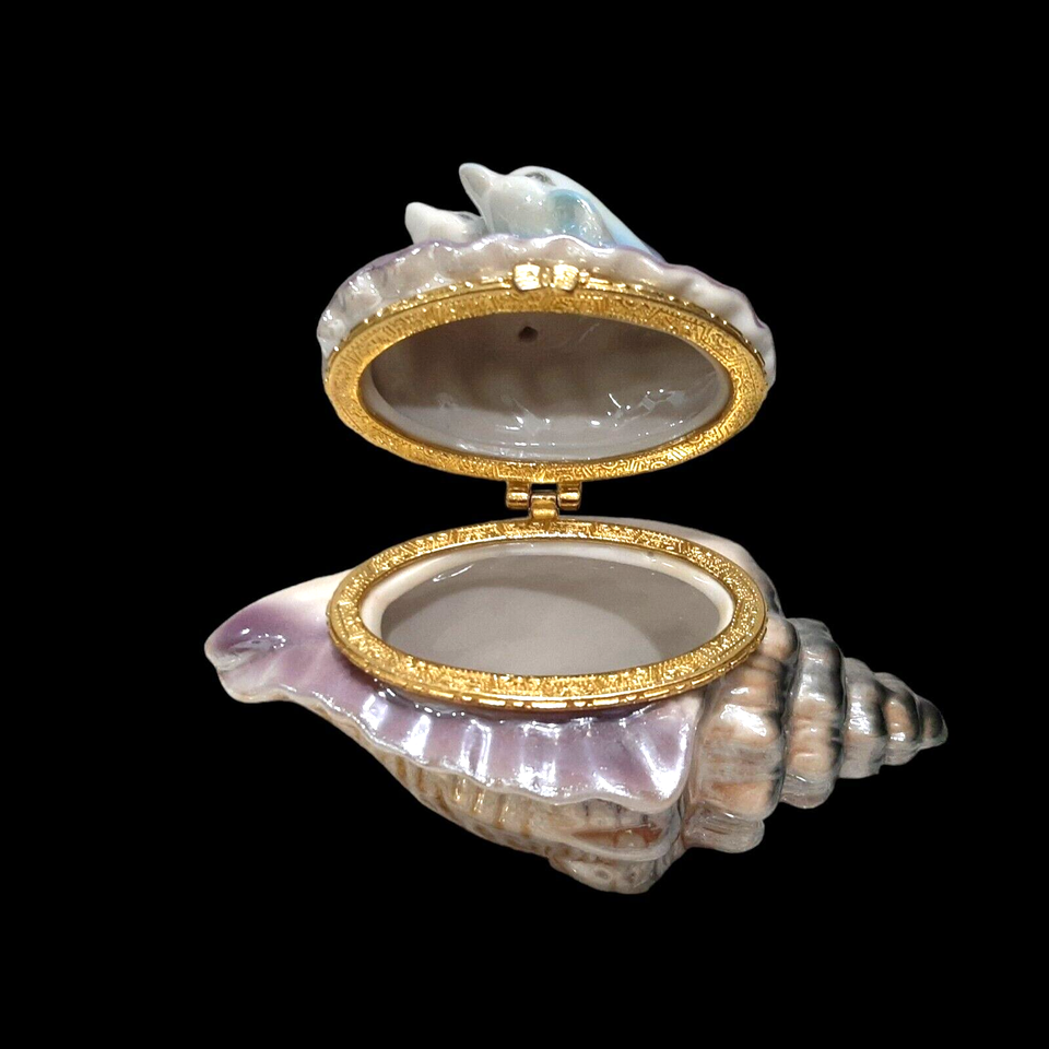 Dolphins Trinket Box hinged Dolphin on Waves Seashell Conch Shell ...