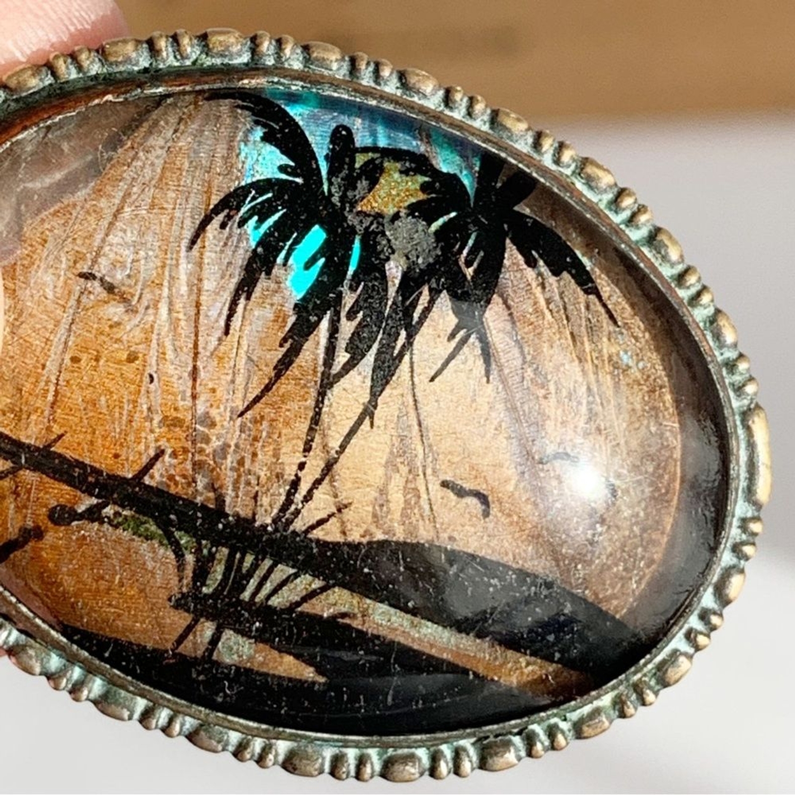 Antique butterfly wing hand painted brooch glass cabo… - Gem