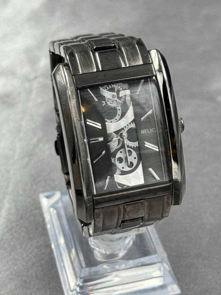 RARE Relic by Fossil Mens Skeleton Rectangle Gunmetal Steel Watch ...