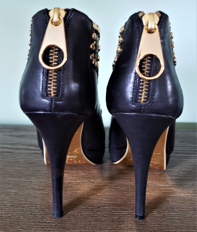 Ted Baker Black Leather Gold Stud Back Zip Stiletto Platform Bootie ...
