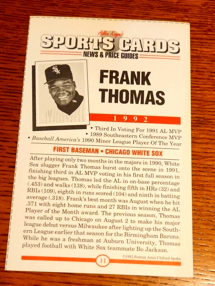 Frank Thomas 1992 Alan Kaye's Sports Cards #11 Chicago White Sox -NrMt ...