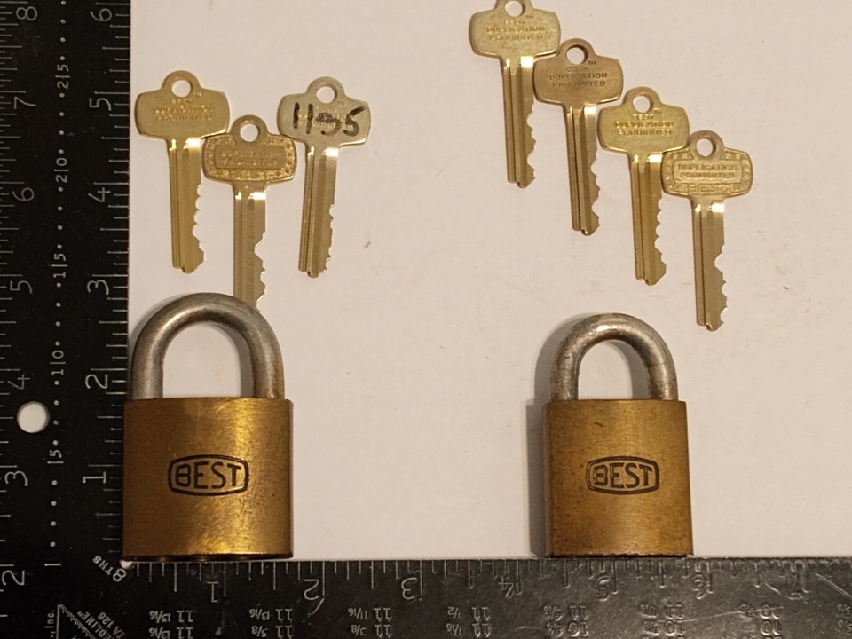 2 EA. OLDER-ALL BRASS BEST TI LOGO PADLOCKS-WITH ORIGINAL CORES AND ...