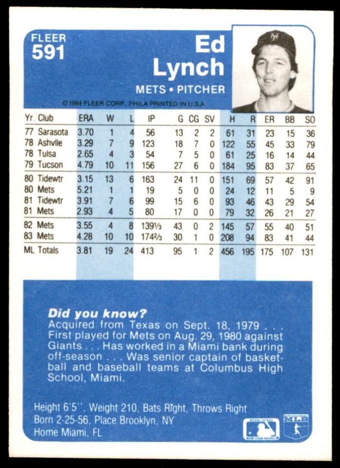 1984 Fleer Ed Lynch New York Mets #591 | eBay