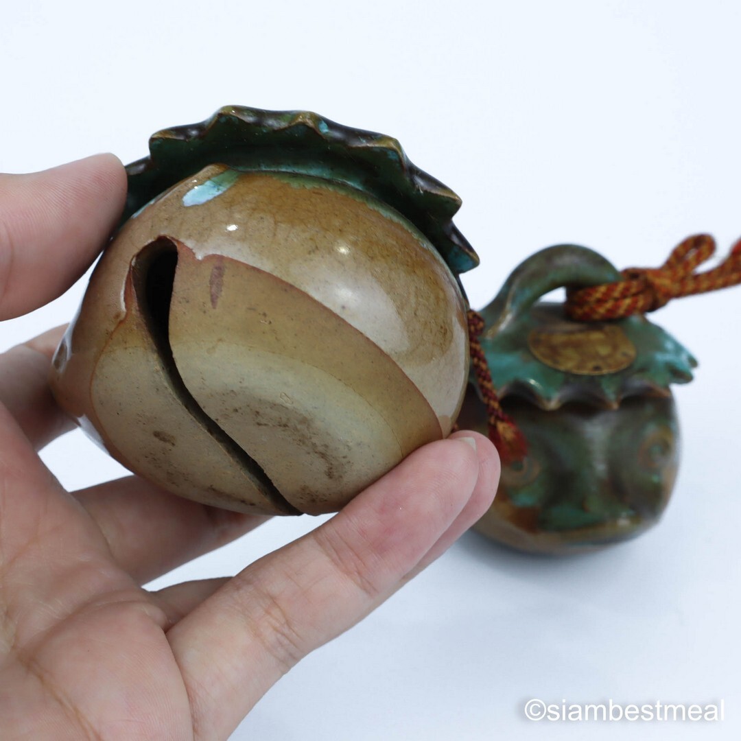 2x Vtg Japanese Clay Bell Ceramic Vintage old Green Kappa Japanese Clay ...