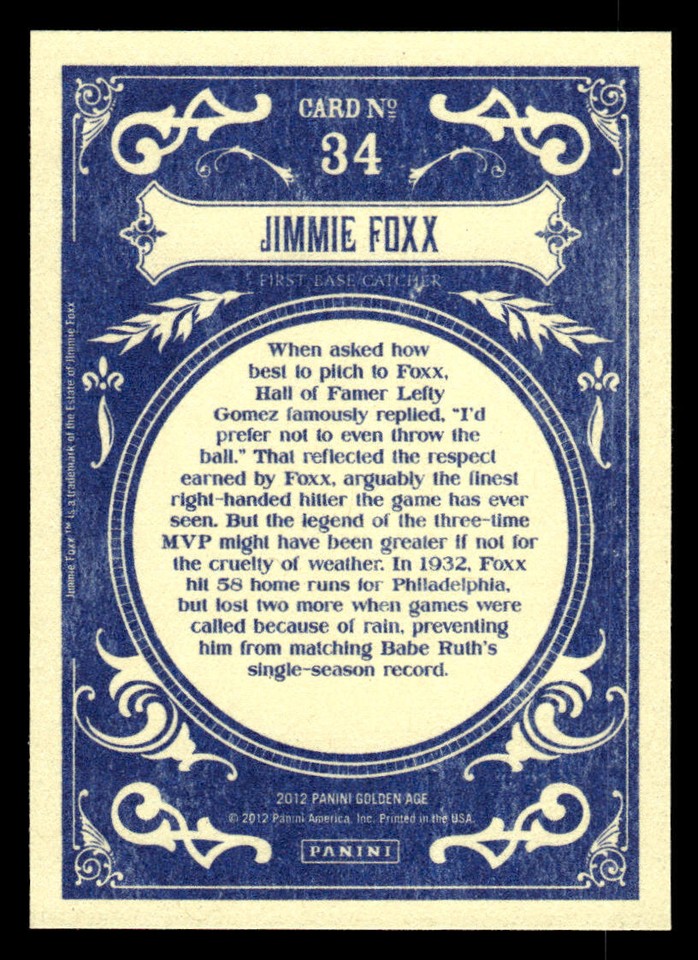 2012 Panini Golden Age #34 Jimmie Foxx Card Philadelphia Athletics | eBay