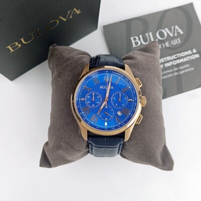 Bulova Men's 97B170 Wilton Blue Gold Chronograph Quartz Leather 46.5mm ...