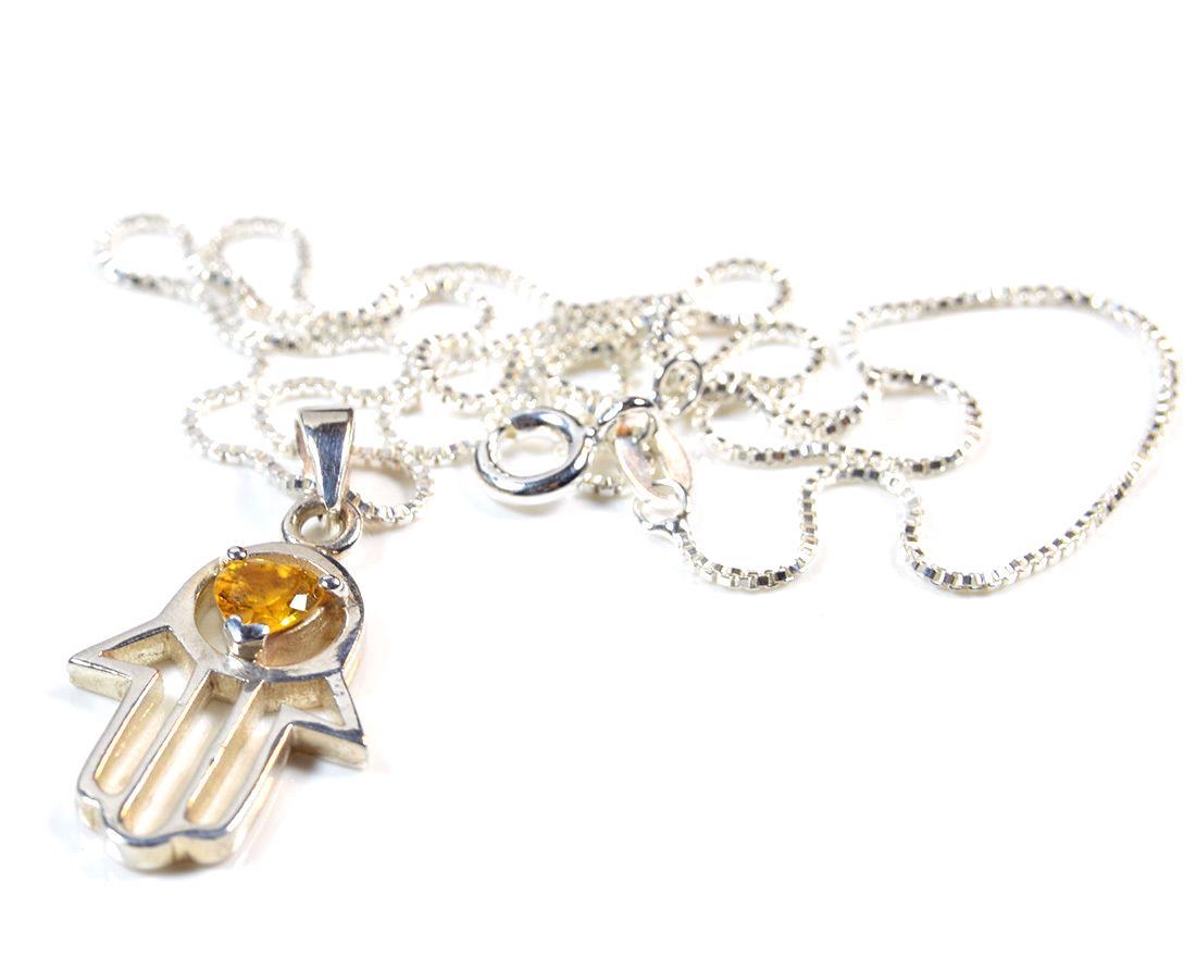 925 Silver Hamsa hand of God yellow CZ heart pendant Israel YAD 18 ...