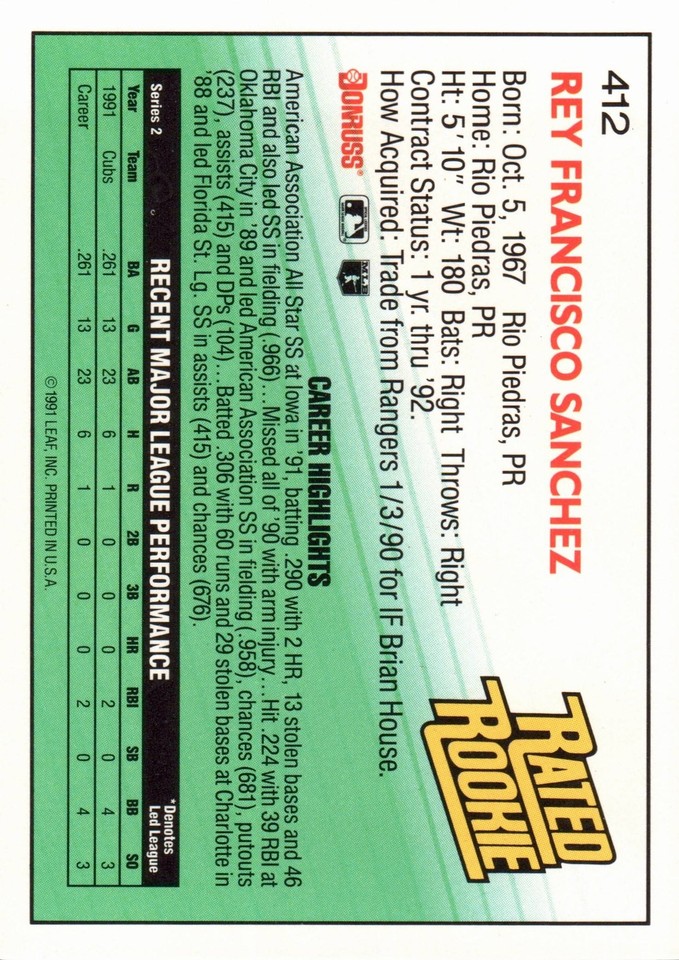 1992 Donruss #412 Rey Sanchez Chicago Cubs | eBay