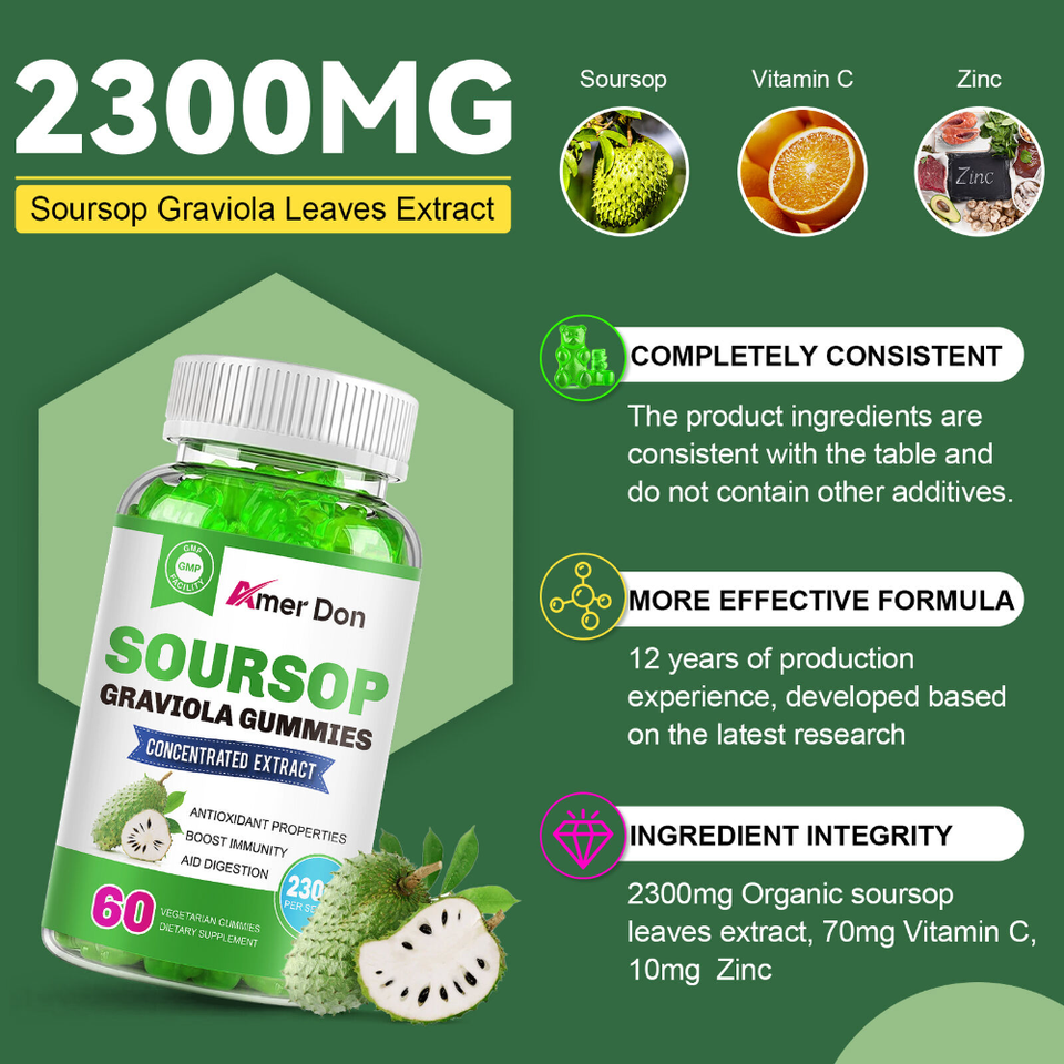 Organic Soursop Graviola 60 Gummies Leaves & Seeds Extract 2300mg ...