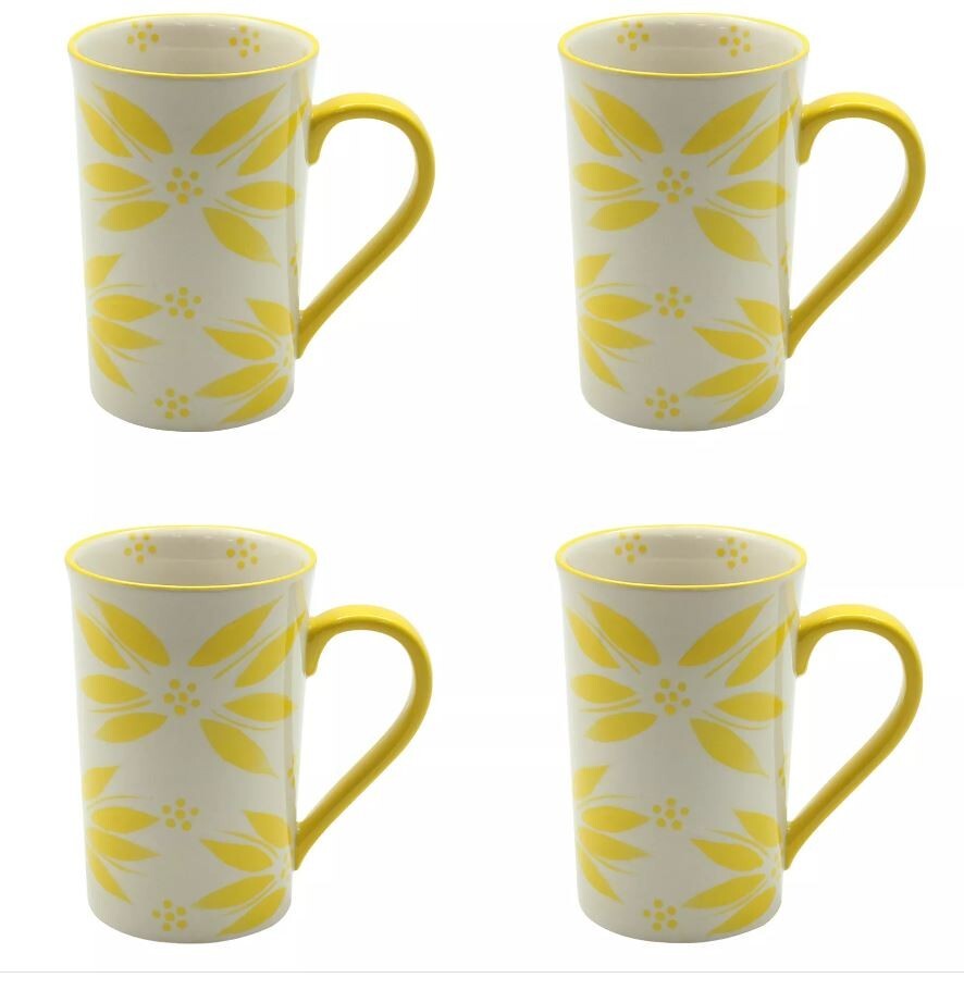 Temp-tations SET-OF-4 Tall Bistro Coffee Mugs, 16oz FLORAL LACE YELLOW ...