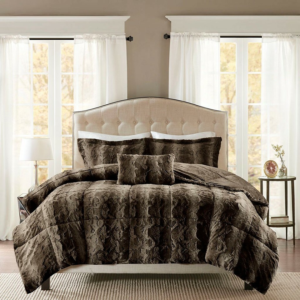 BROWN PLUSH ULTRA FAUX FUR 4pc COMFORTER SET : LUXURY SOFT MINK SHAG ...