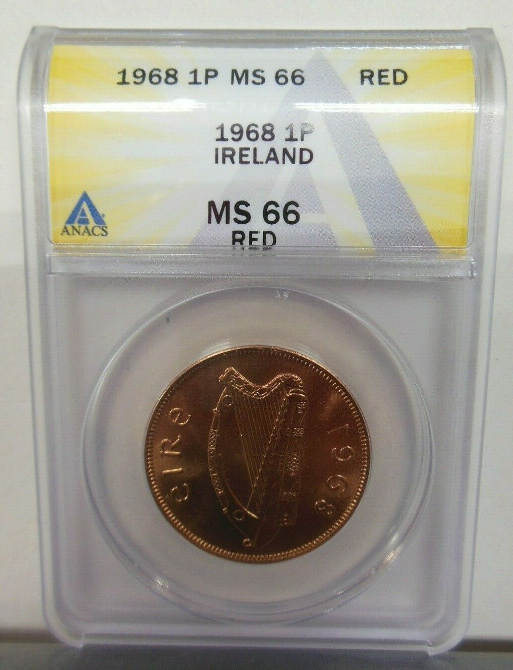 1968 EIRE IRELAND 1P HARP PENNY IRISH HEN W/ CHICKS ANACS MS66 RED KM11 ...