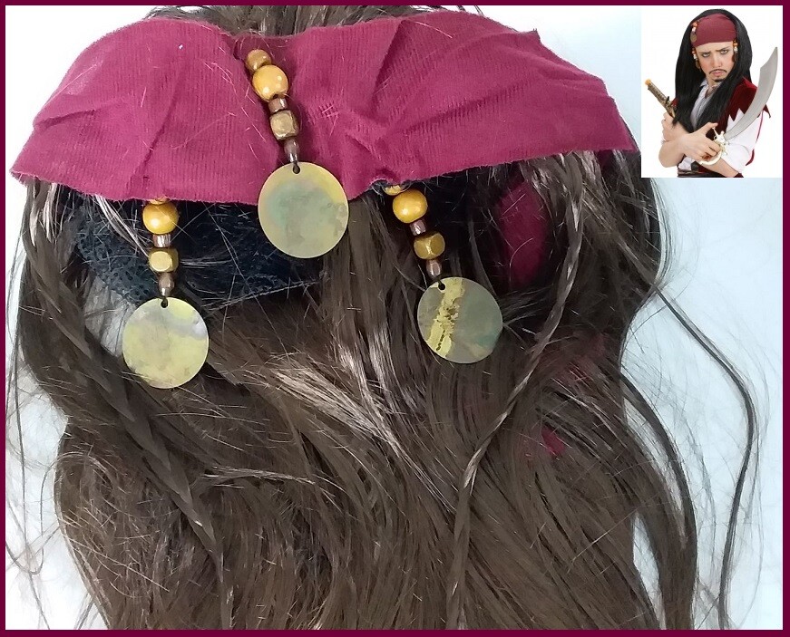 CARIBBEAN PIRATE WIG & BANDANA Captain Hook Jack Sparrow Buccaneer ...