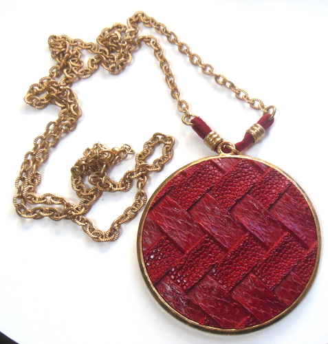 Vintage Lattice Maroon Leather Medallion Pendant Necklace Gold-tone ...