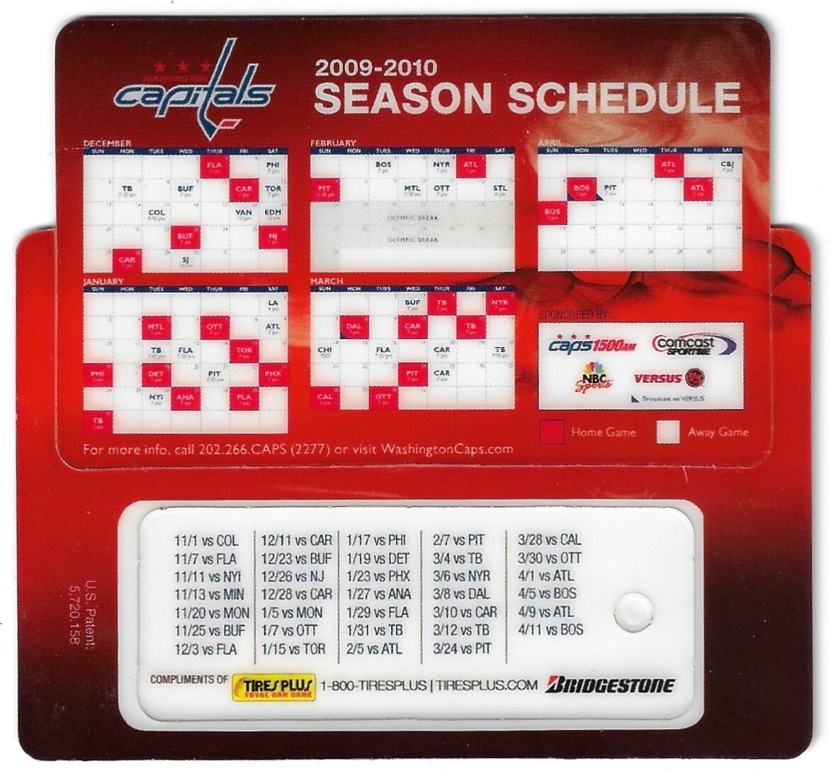 RARE VERSION 2009-10 Washington Capitals NHL Hockey Schedule !!! Tires ...