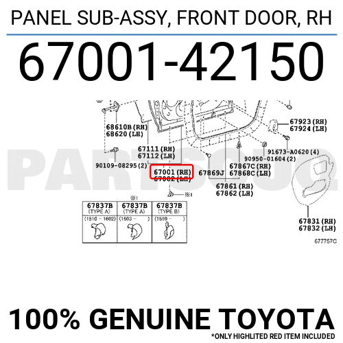 6700142150 Genuine Toyota PANEL SUB-ASSY, FRONT DOOR, RH 67001-42150 | eBay