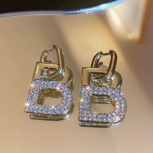 0.30Ct Lab Created Diamond 'B' Initial Letter Earrings 14K Yellow Gold ...