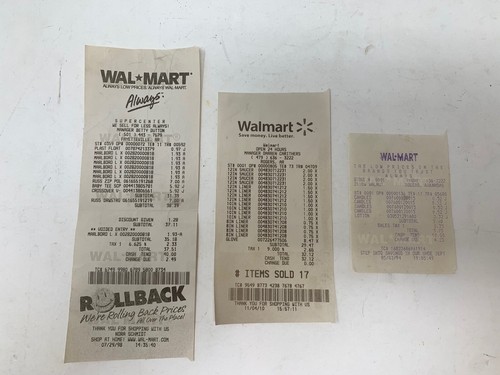 3 Walmart Receipt Lot Prop Paper Receipts Original Walmart Store 0001 ...