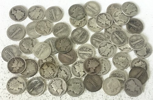 50 Coin Mercury Dime Lot 90% Silver Cull Slick $5 Face Winged Liberty ...