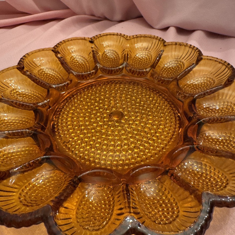 Vintage MCM Amber Indiana Glass 11" Deviled Egg Plate Serving Hobnail ...