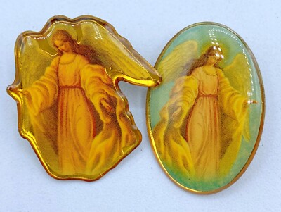 D8-1647 LOT OF 2 GOLD TONE VINTAGE BROOCH PIN RELIGIOUS GUARDIAN ANGELS ...
