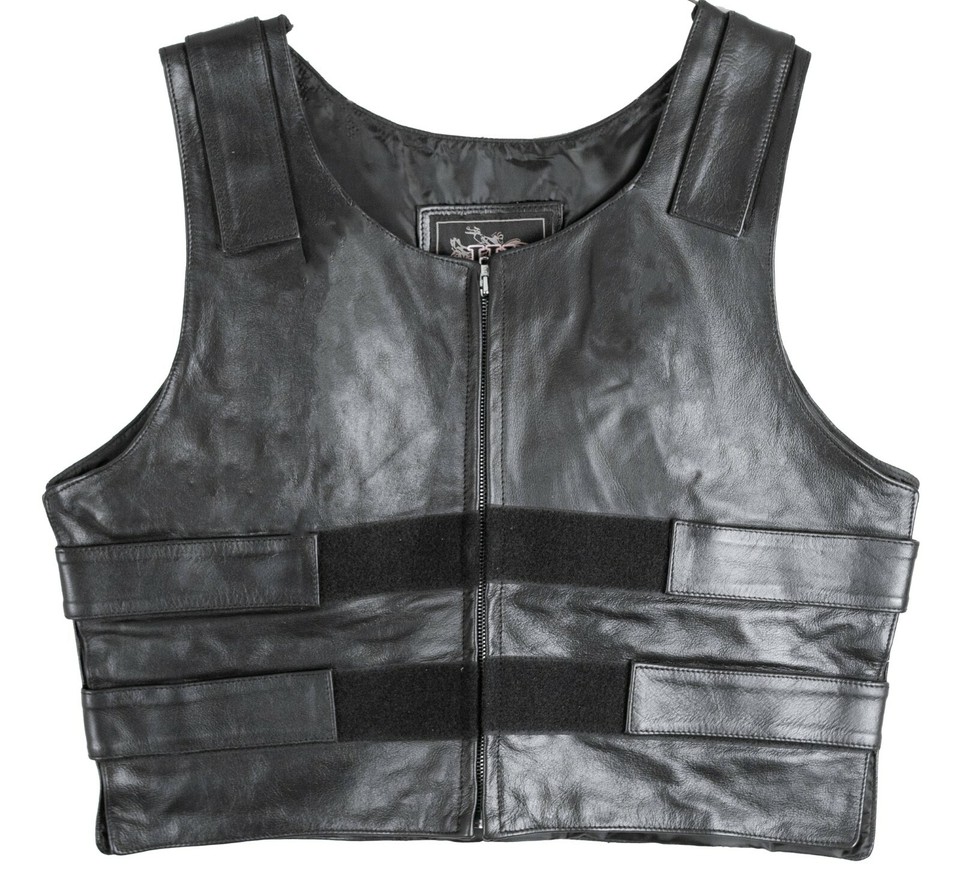 Men's Tactical Leather Motorcycle Vest - Bulletproof Style Club Biker ...