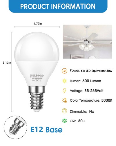 Ceiling Fan Light Bulbs 60W Equivalent E12 LED Bulb Super Bright 600LM ...