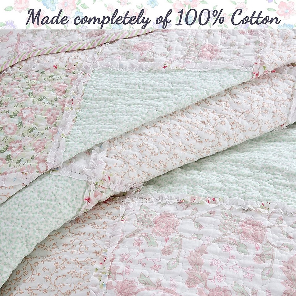 ROMANTIC CHIC 100% Cotton QUILT SET : COZY PINK GREEN PATCH SHABBY ...