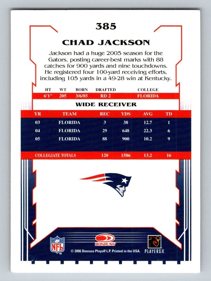 2006 Score Chad Jackson #385 Rookie RC New England Patriots | eBay
