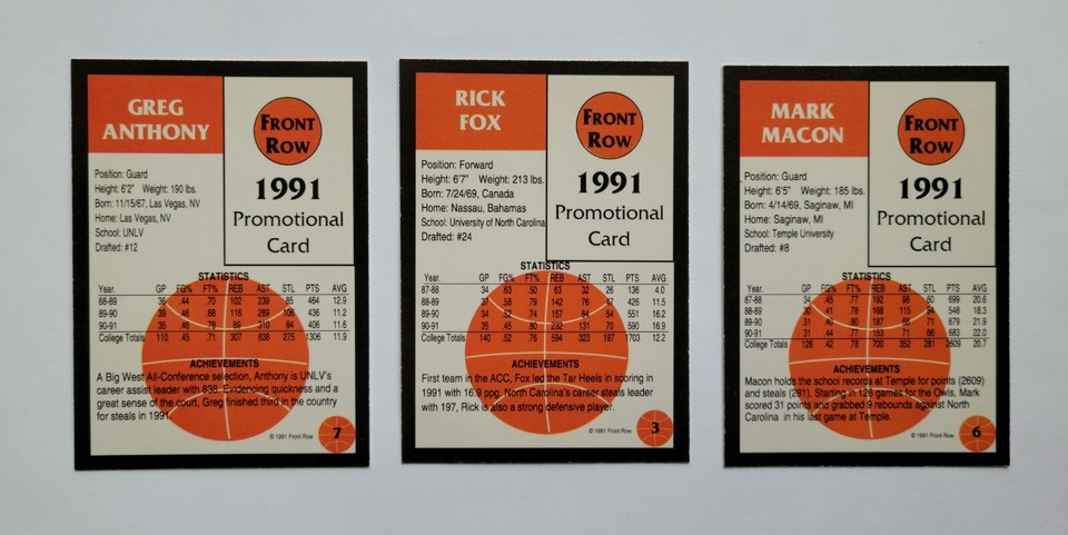 1991 Front Row Draft Picks Promo Card Lot (3) Rick Fox, Greg Anthony ...
