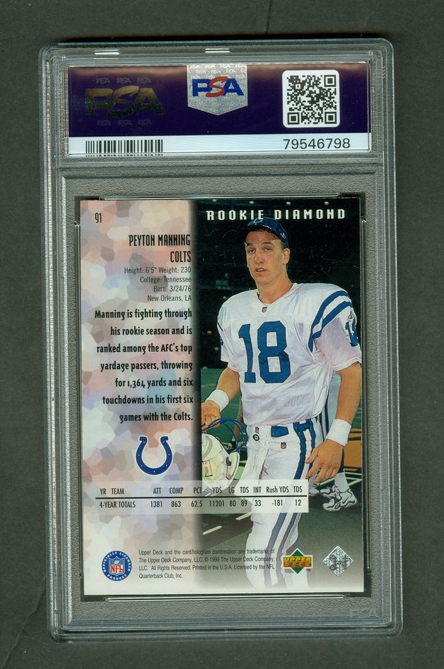 Peyton Manning 1998 Upper Deck Black Diamond Rookie Edition #91 PSA 7 ...