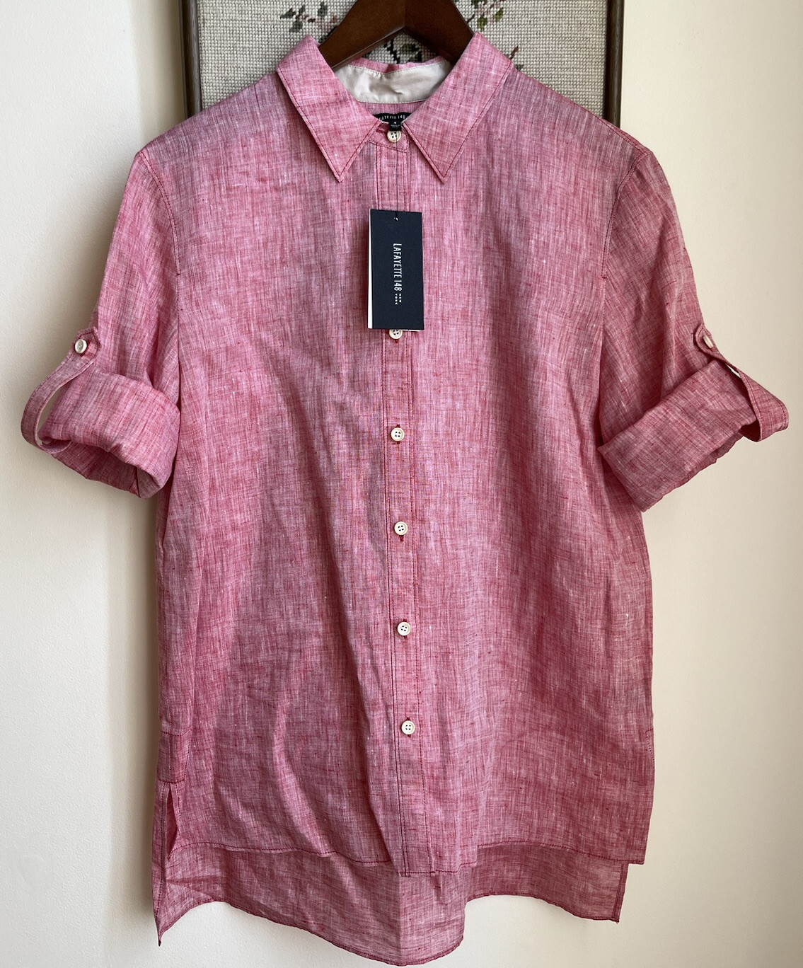 NWT Lafayette 148 100% Linen Theo Blouse Flame Multi button down roll ...