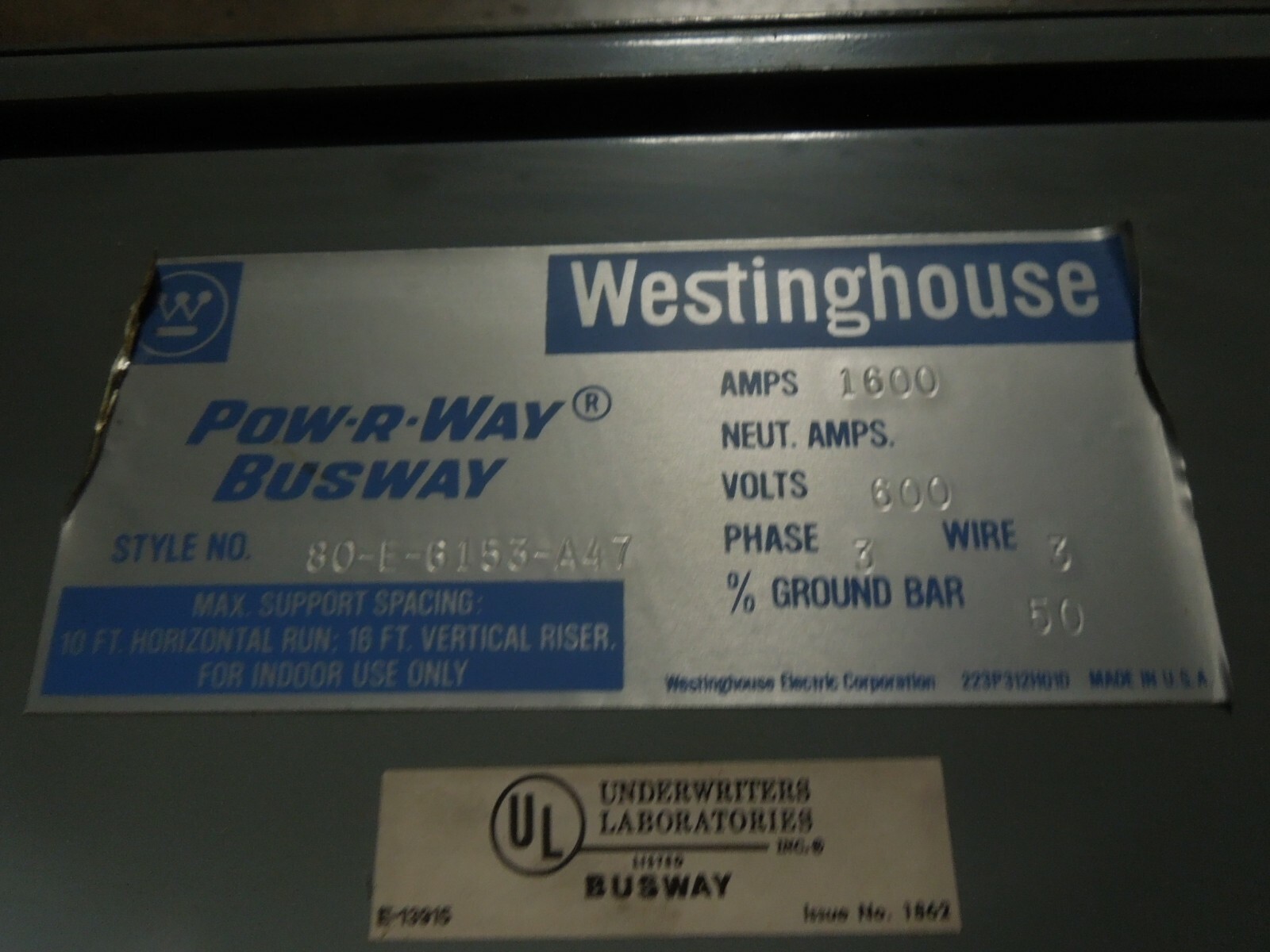 Westinghouse Pow-R-Way 1600A 3Ph 3W Ground Aluminum Busway Feeder ...