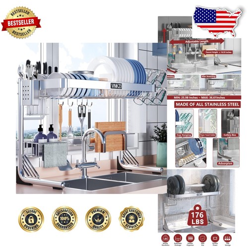 Adjustable Over Sink Dish Drainer Rack in Stainless Steel - 2 Tier ...