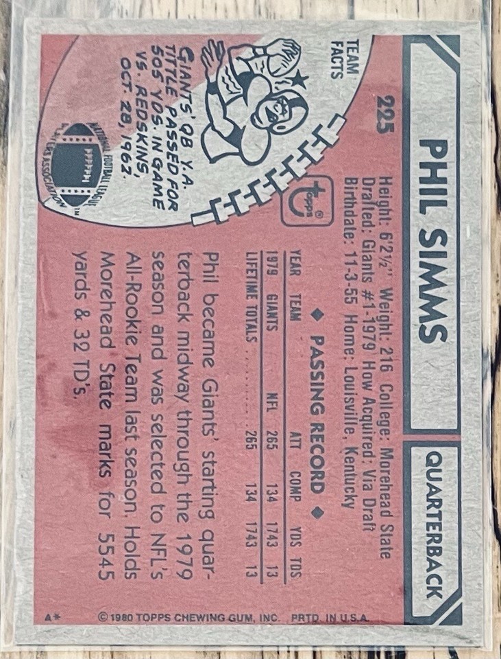 1980 Topps #225 Phil Simms Rookie Card RC | New York Giants | HOF | eBay