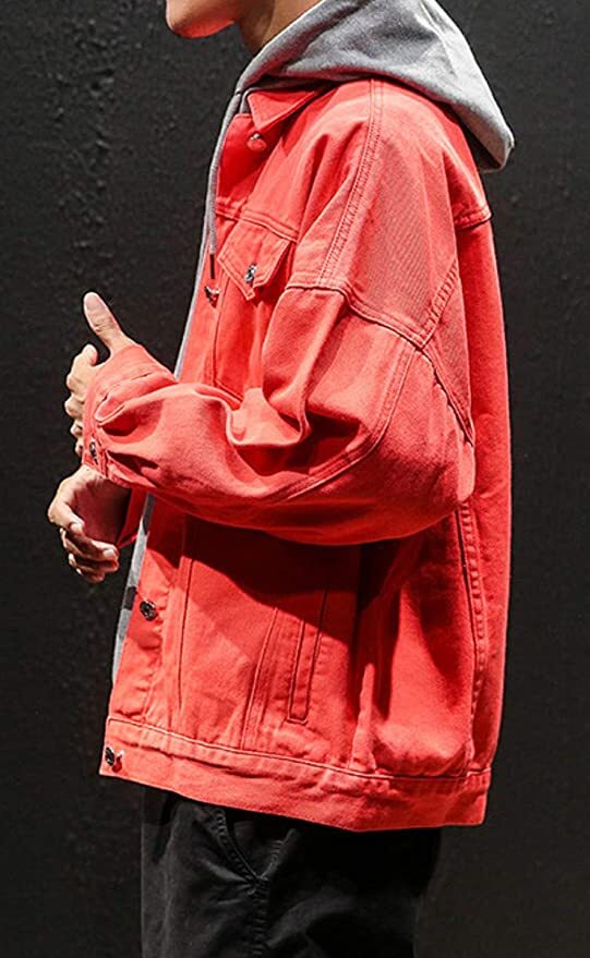 Men's Stylish Loose Fit Lapel Collar Button Up Denim Jacket Outwear Red ...