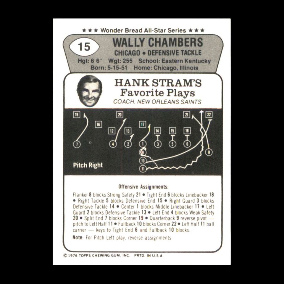 Wally Chambers 1976 Topps Wonder Bread Chicago Bears #15 Great ...