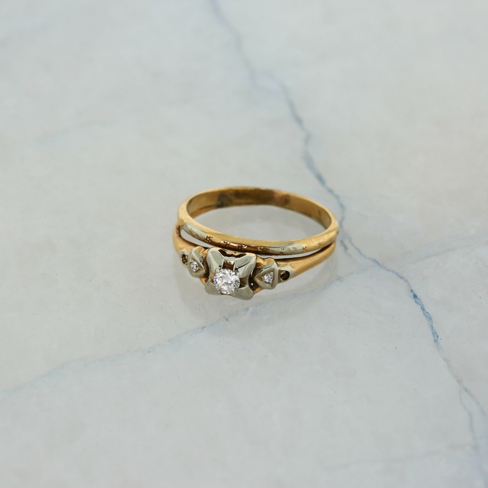 14K YG 0.20 ct tw Diamond Ring Conjoined Ring and Band Size 6.5 Circa ...