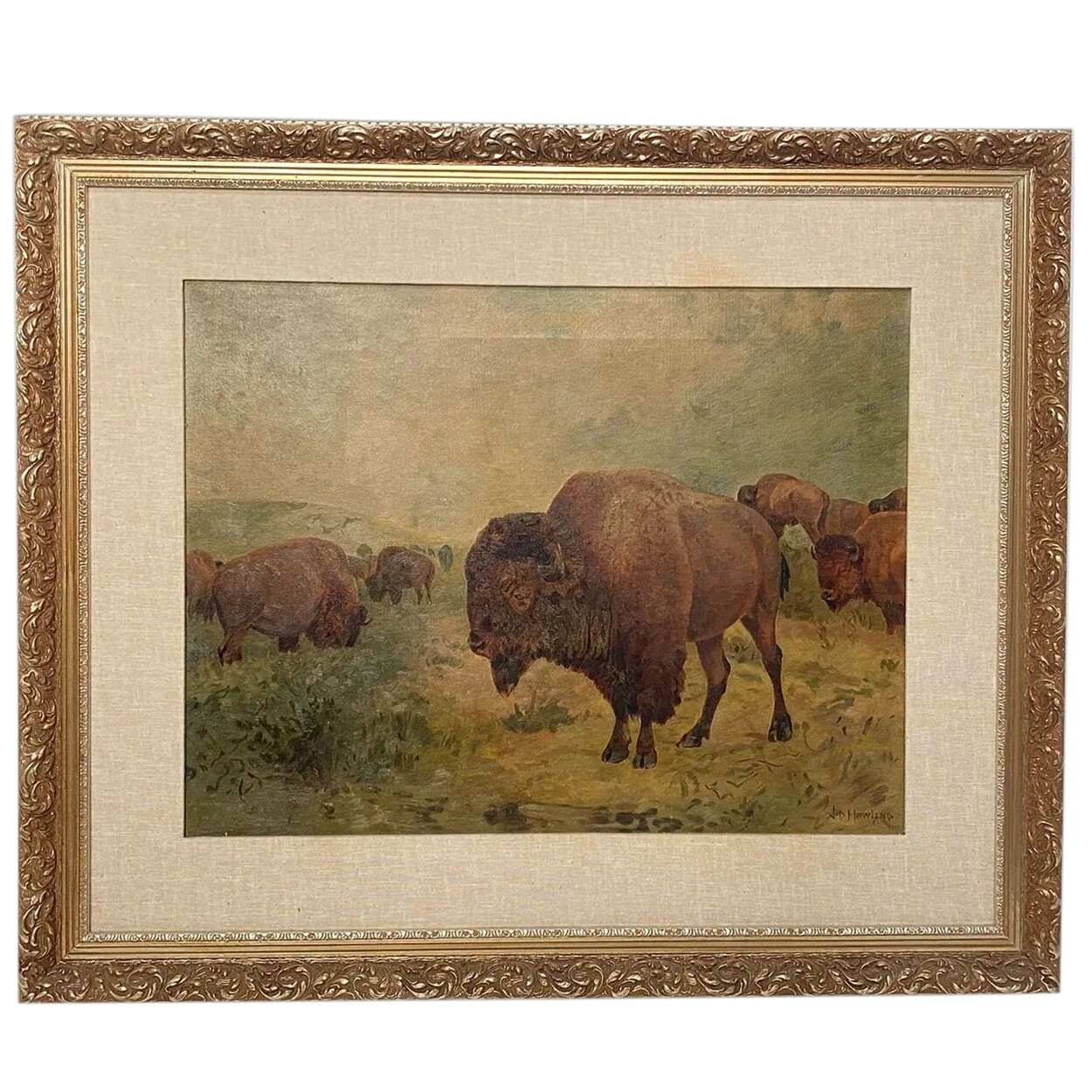Antique JOHN (JACK) DARE HOWLAND Oil Painting, Buffalo/Bison Herd 19th ...