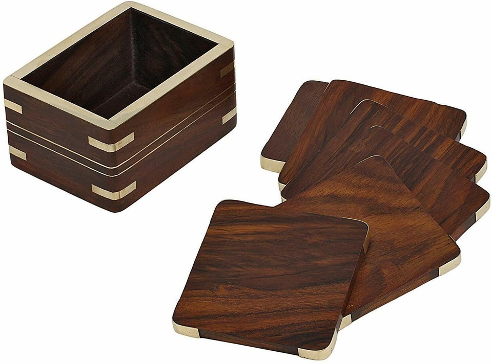 Wooden Table Coaster Set of 6 for Tea Cups Coffee Mugs with fine Brass ...