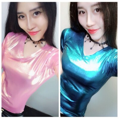 Lady Metallic Shiny Pullover T Shirt Short Sleeve V Neck Sexy Slim Tops ...
