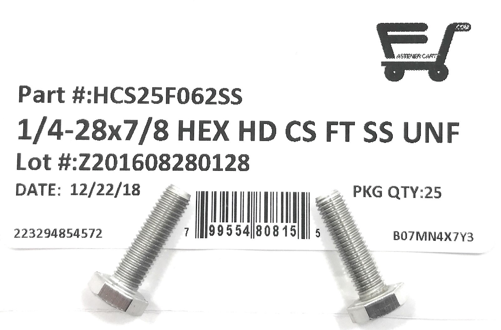 (25) 1/4-28x7/8 Stainless Steel Hex Cap Screws FT Hex Bolts (UNF) FINE ...
