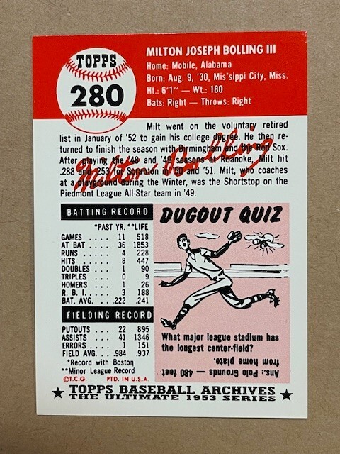 Milt Bolling ~ 1991 Topps Archives Ultimate '53 Set #280 Boston Red Sox ...