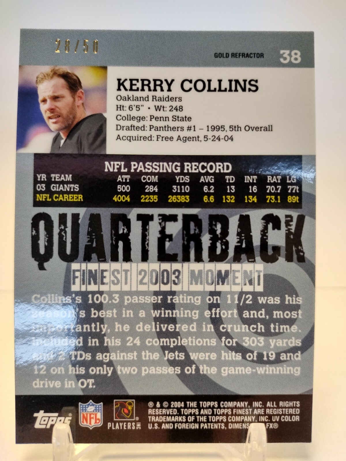 2004 Topps Finest - Gold Refractor #38 Kerry Collins /50 (MEM) for sale ...
