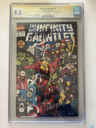 CGC SS 9.2 INFINITY GAUNTLET #3 SIGNED 3X JIM STARLIN, GEORGE PEREZ ...