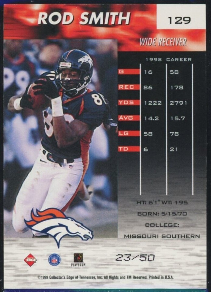 1999 Collector's Edge Fury Rod Smith Hologold Parallel #/50 Broncos ...