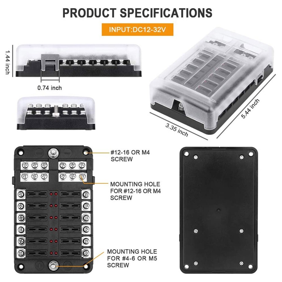 12-Way Blade Fuse Box Block Holder LED Indicator 12V 32V Car Marine ...