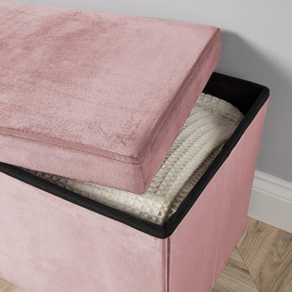 Folding Ottoman Chest Extra Large Pink Velvet Fabric Space Saving ...