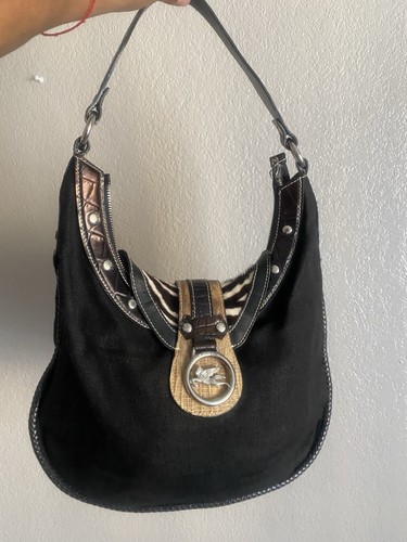 ETRO Black Hobo Purse Shoulder Bag Canvas w/ Patent Leather Strap Italy ...